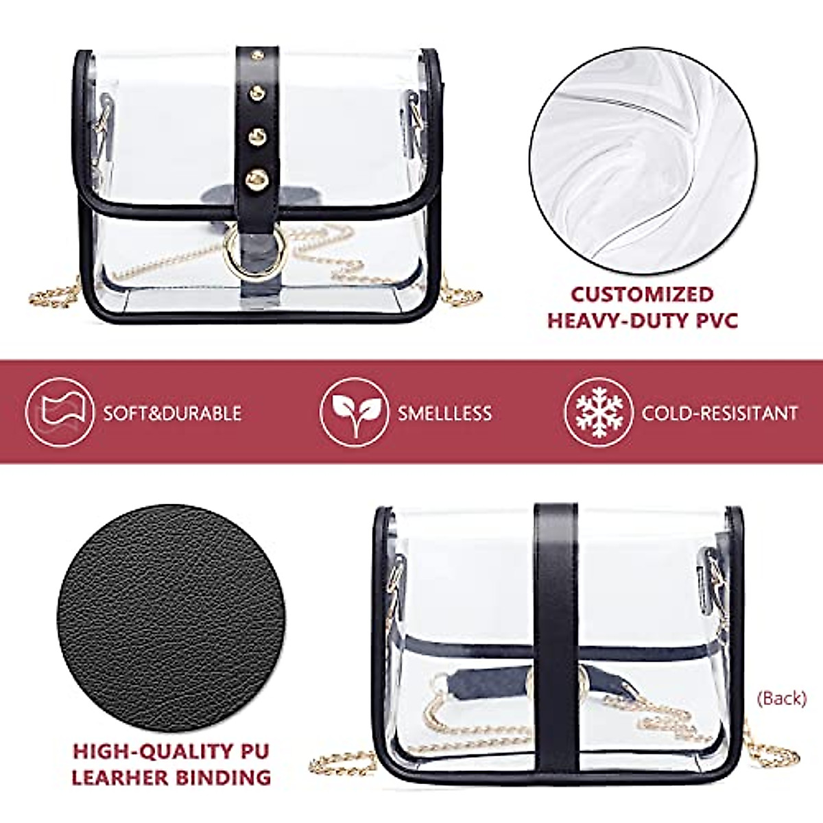 KUI WAN Clear Bag Stadium Approved,Clear Purse for Women Clear Crossbody Bag for Sport Event Concert,Black