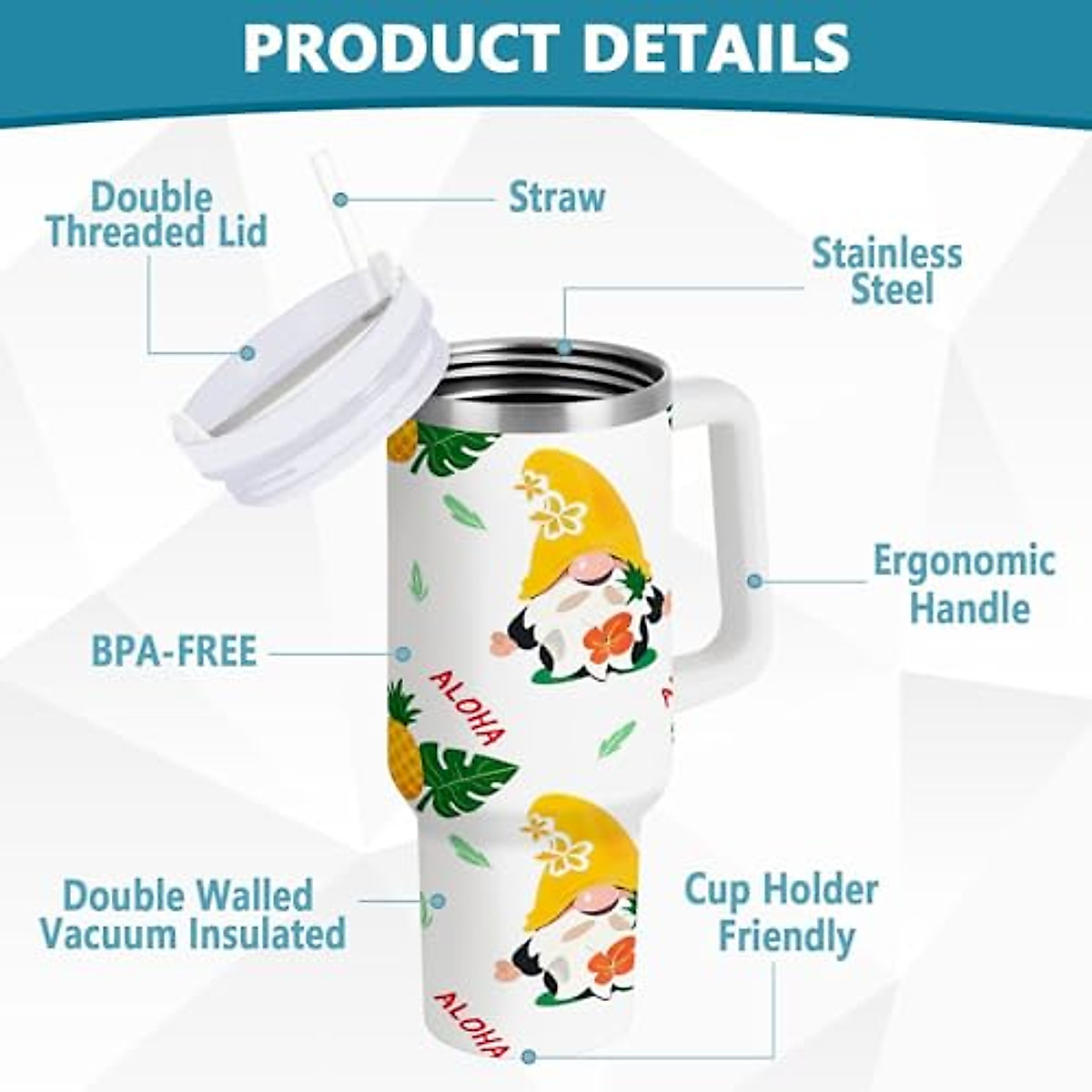 RPLIFE Whimsical Gnomes Bright 40oz Tumbler with Handle, Stainless Steel Coffee Mug, Insulated Coffee Tumbler