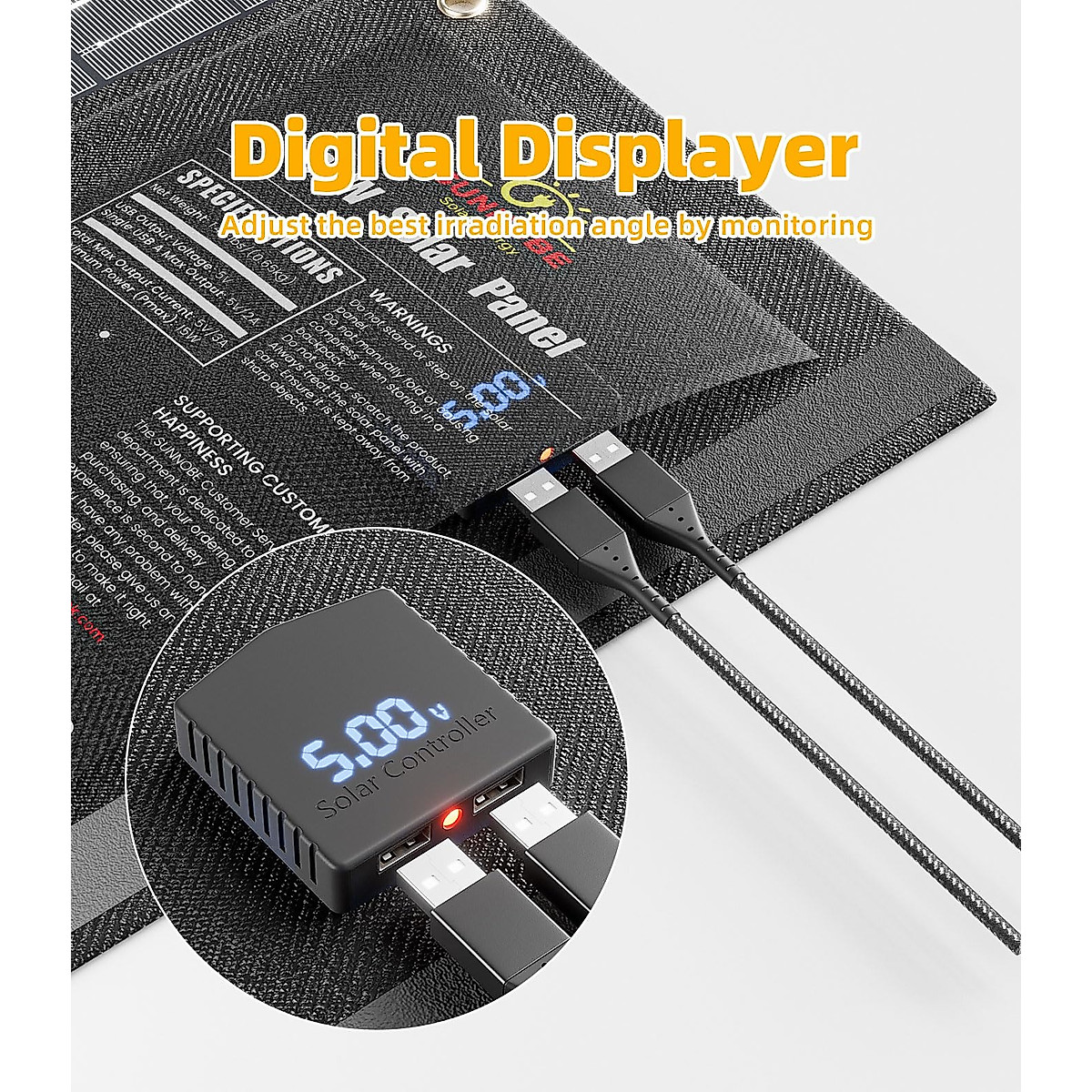 [Lightweight Upgraded]SUNNOBE Portable Solar Panel with 3-IN-1 Cable, Dual USB-A Ports, Foldable 30W Solar Panel Charger with Digital Ammeter for Camping&Hiking, Compatible with iPhone, iPad, Samsung