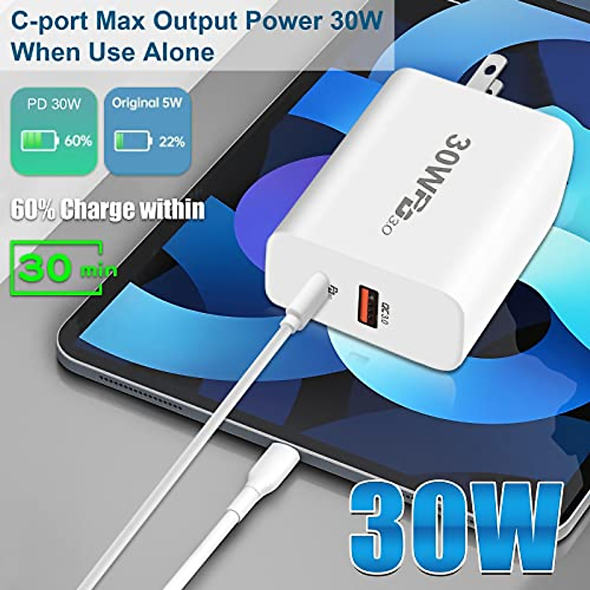 USB C Fast Charger 30W,cshare PD 3.0 USB Wall Charger,Foldable Power Adapter for Google Pixel 6 Pro,for iPhone 14pro/14/13/12/11/XR, MacBook,Pad Pro,AirPods,Galaxy S22 ultra S21, 6.6ft USB C to C Cord