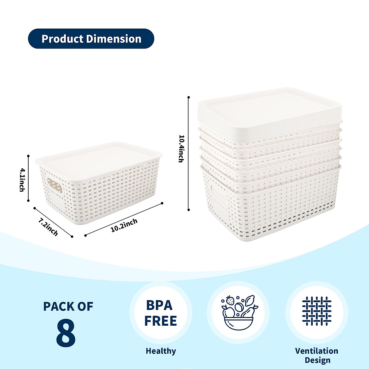 WEJOZEE Plastic Storage Baskets with Lid - Plastic Storage Containers Stackable Storage bins| Storage Baskets for Organizing Shelves Drawers Desktop Closet Playroom Classroom Office (‎Cream White)
