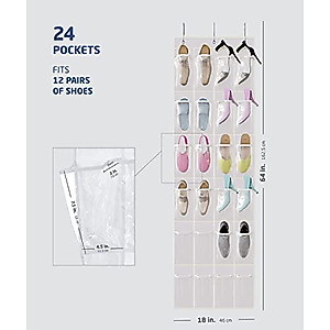 ZOBER Over The Door Shoe Organizer - 24 Breathable Pockets, Hanging Shoe Holder for Maximizing Shoe Storage, Accessories, Toiletries, Laundry Items. 64in x 18in (White, Clear)