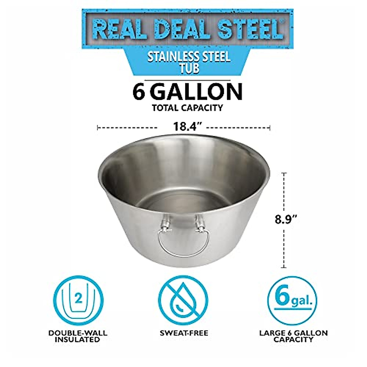 Stainless Steel Insulated Beverage Tub - Real Deal Steel, Large 6 Gallon Round Double Walled Party Tub, Drink Bucket for Parties, Ice Tub Cooler for Wine & Beer