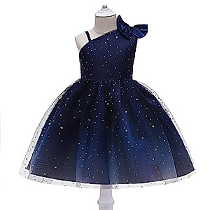 AVAZU 2-8T Toddler Girl One Shoulder Dresses Baby Formal Party Wedding Flower Bowknot Dress Formal Wedding Party Ball Gown Dress Dark Blue 140