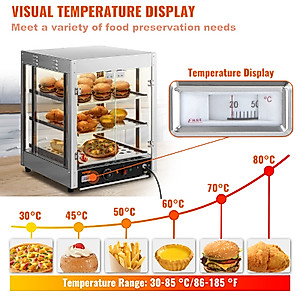 VEVOR Commercial Food Warmer Display, 3 Tiers, 800W Pizza Warmer w/ 3D Heating 3-Color Lighting Bottom Fan, Countertop Pastry Warmer w/Temp Knob & Display 0.6L Water Tray, Stainless Frame Glass Doors…