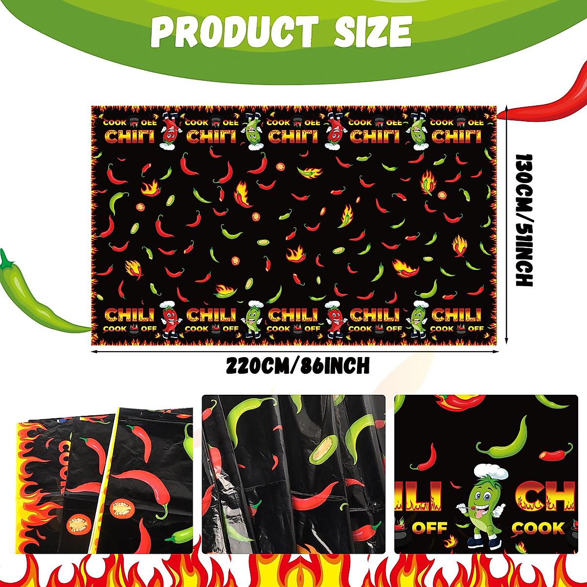 Tkifoda Chili Cook Off Decorations, 71" x 24" Chili Cook Off Banner, 3 Pcs Chili Pepper Plastic Tablecloth Table Cover 53" x 108", Mexican Fiesta Chili Cooking Party Supplies