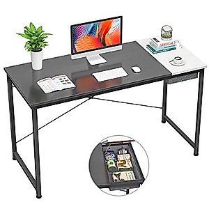 Foxemart Computer Desk, 47 Inch Study Writing Desk for Home Office Workstation, Modern Simple Style Laptop Table with Storage Bag/Drawer, Black and White
