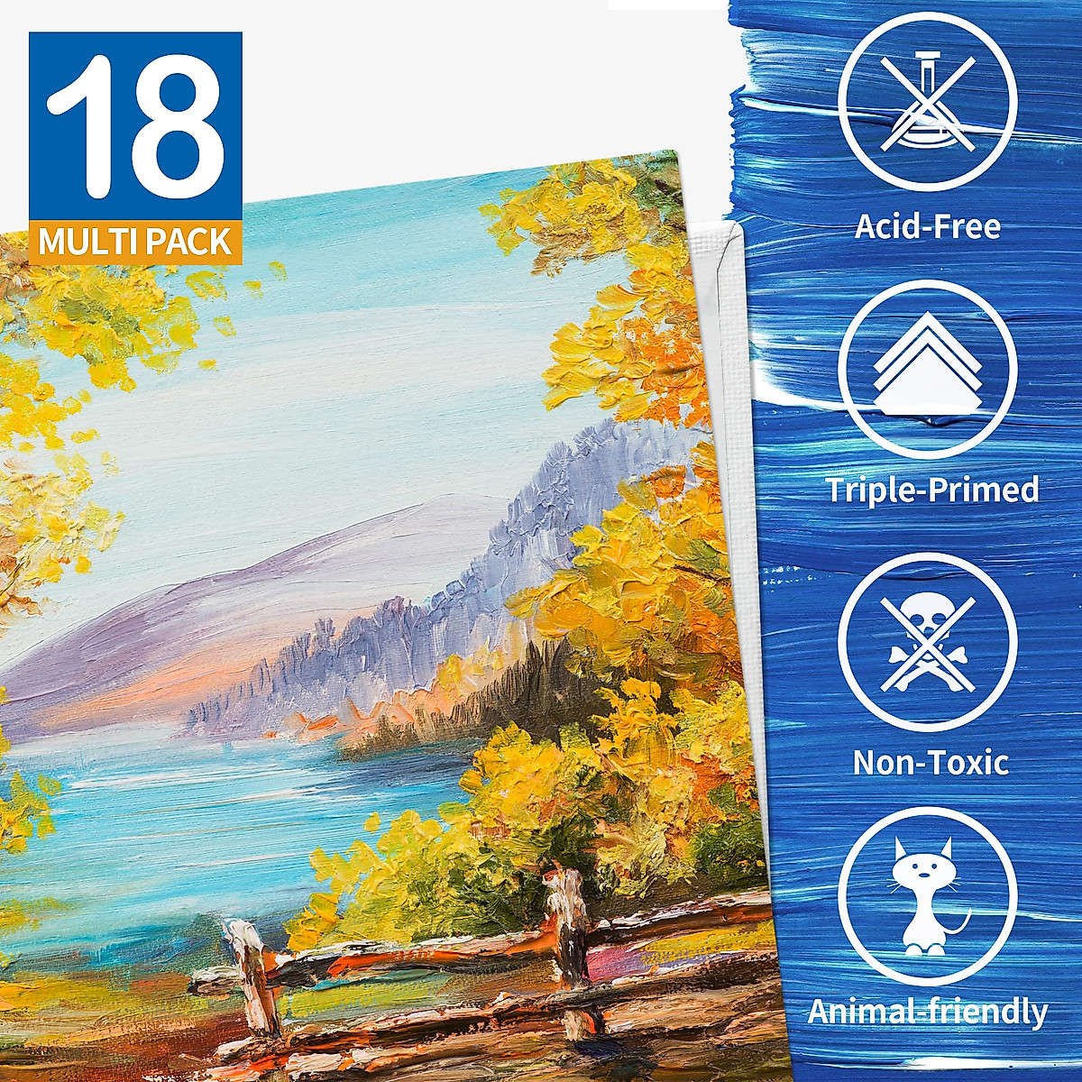 FIXSMITH Canvas Boards for Painting 18 Pack, Multi Pack- 4x4, 5x7, 8x10, 9x12, 11x14 Inches, 100% Cotton Primed Canvas Panels for Acrylic, Oil, Art Supplies for Kids, Adults, Beginners