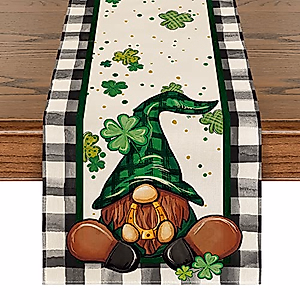Artoid Mode Buffalo Plaid Shamrock Gnome St. Patrick's Day Table Runner, Seasonal Spring Holiday Kitchen Dining Table Decoration for Indoor Outdoor Home Party Decor 13 x 72 Inch