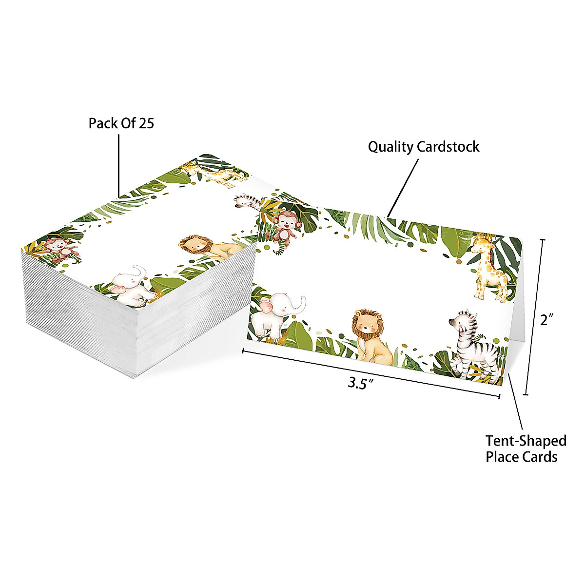 Table Place Card, Jungle Safari Animals Themed Tent Style Cards, Pack of 25 Half-Fold Reception Place Card, Wild Animal Food Labels, Perfect for Baby Shower, Birthday Party C04