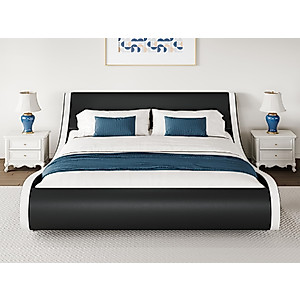 WEEWAY Modern Queen Size Upholstered Platform Bed Frame, Faux Leather Sleigh Bed with Adjustable Headboard, Strong Wood Slats Support, No Box Spring Needed, Black & White