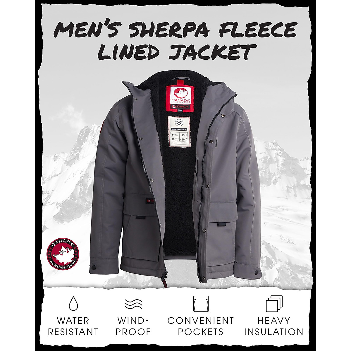 CANADA WEATHER GEAR Men's Winter Coat – Heavyweight Weather Resistant Sherpa Fleece Lined Parka Jacket (M-XXL), Size Large, Charcoal