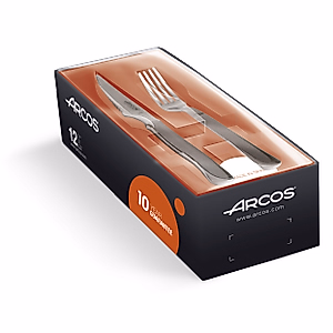 ARCOS Forged Steak Knife Set 12 pieces. 6 Knives + 6 Forks. Hardened and Tempered High-Carbon Stainless Steel with Pearl Edge for Cutting Meat. Series Mesa. Silver Color