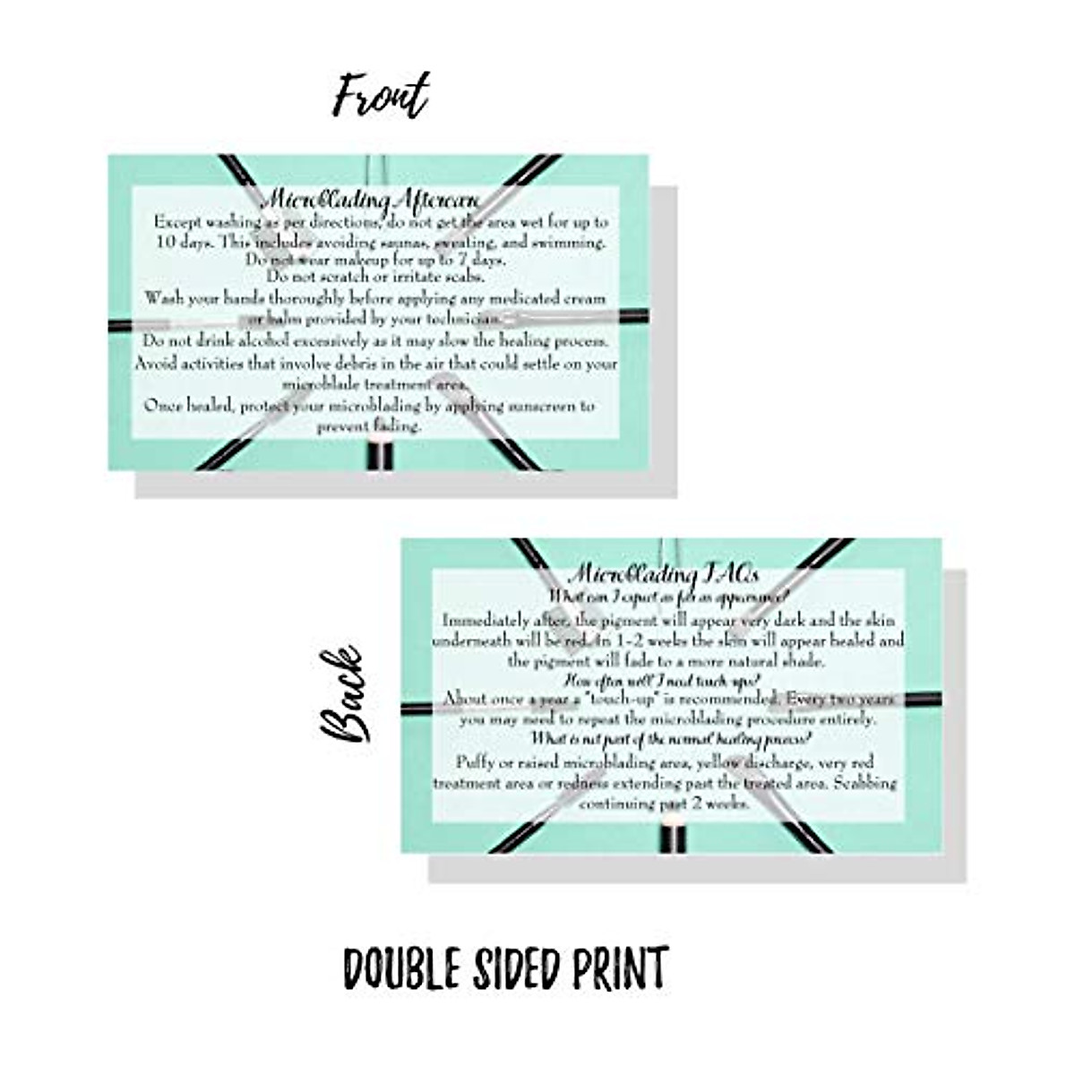 Microblading Aftercare Cards Green | 50 Pack | Disposable FAQ Microblade Printed Certified Recommended Care Instructions 3.5 x 2" inches Microblading Supplies Client Take Home