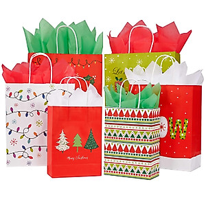 SUNCOLOR Pack of 24 Christmas Gift Bags Assorted Sizes With Tissue paper (8 Large 13", 8 Medium 11", 8 Small 9")