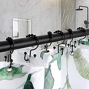 TENOVEL 12 pcs Black Double Sided Shower Curtain Hooks Black & Black Curved Shower Rod