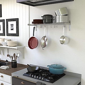 Wallniture Lyon Kitchen Organization and Storage Rack, Stainless Steel Metal Wall Shelf with 10 S Hooks for Hanging Pots and Pans, Chrome