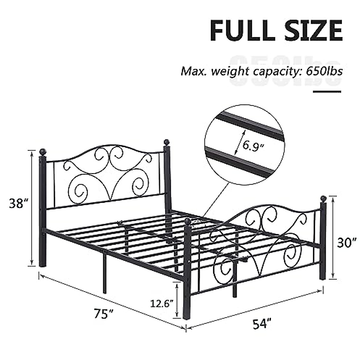 VECELO Full Size Bed Frame with Headboard and Footboard, Heavy Duty Metal Slat Support, Platform Mattress Foundation, No Box Spring Needed, Easy Assembly, Matte Black