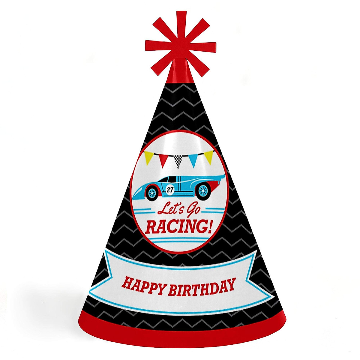 Let’s Go Racing - Racecar - Cone Race Car Happy Birthday Party Hats for Kids and Adults - Set of 8 (Standard Size)