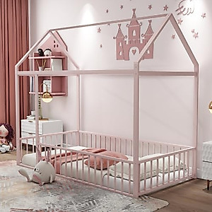 Twin Size Pink Floor Bed Frame with Safety Fence and Door, Metal Montessori Bed Toddler Floor Bed for Kids Girls Boys,Twin House Floor Bed Frame with Roof, No Box Spring Needed (Pink)