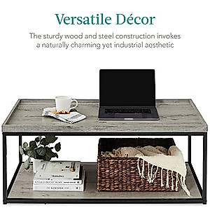Best Choice Products 44in 2-Tier Rectangular Tray Top Coffee Table, Recessed Accent Furniture for Home w/Metal Frame, Shelf - Gray