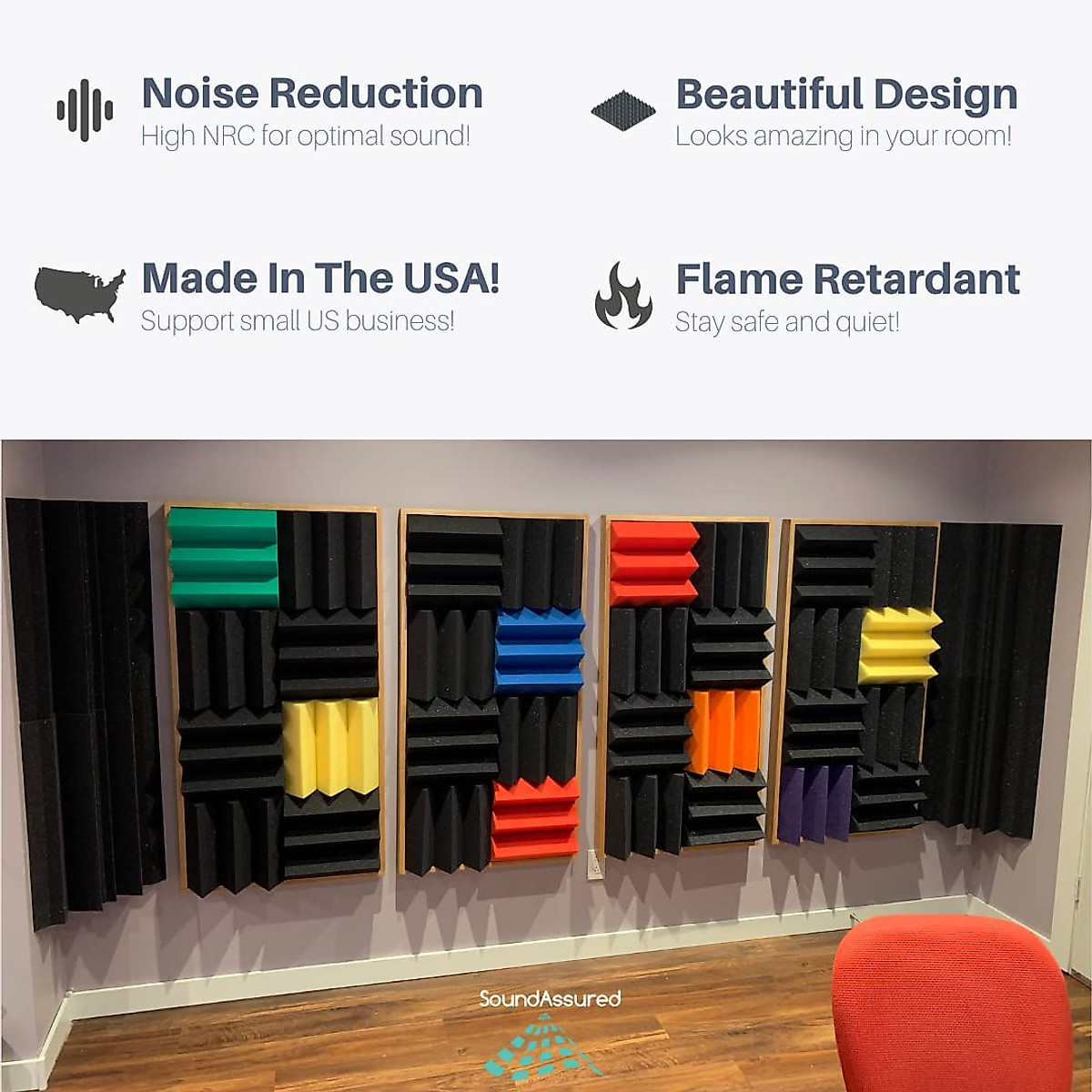 Bass Absorbing Wedge Style Panels - Soundproofing Acoustic Studio Foam - 12"x12"x4" Tiles - 2 Pack - DIY (Burgundy)