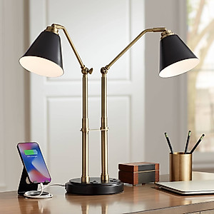 Possini Euro Design Sentry Mid Century Modern Desk Lamp 23" High with USB Charging Port Black Brass Gold Metal LED Adjustable Cone Shade for Living Room Bedroom House Bedside Nightstand Office