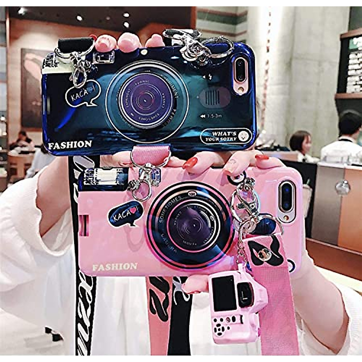 yandi Compatible with iPhone 13 Mini Case (5.4 inch) with Lanyard, Cute iPhone Case Blue Ray Camera Style Cover with Chain, Bling Lightweight Soft TPU Case Cover (Pink, iPhone 13 Mini)