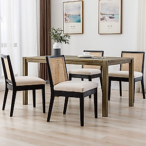 VESCASA Upholstered Dining Chairs with Square Rattan Back, Armless Padded Linen Cushion Dining Chairs with Wood Legs for Dining Room, Kitchen, Set of 2, Black Frame
