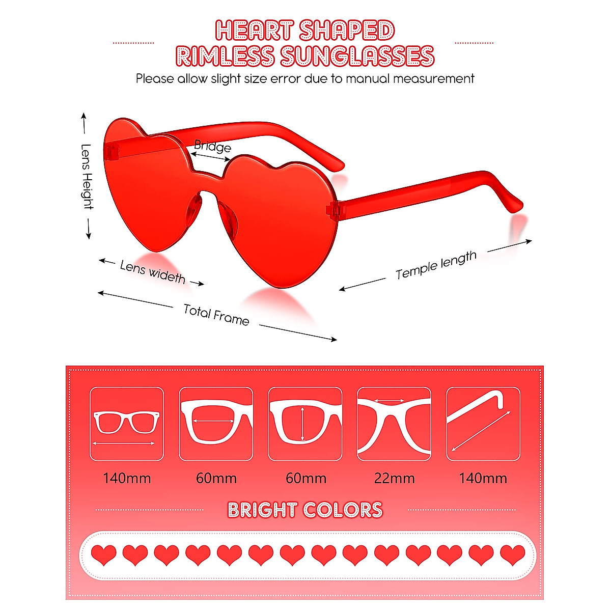 TOODOO 14 Pairs Heart Shaped Sunglasses for Women Girls Heart Sunglasses Rimless Transparent Glasses Bulk for Party Favors(Red)