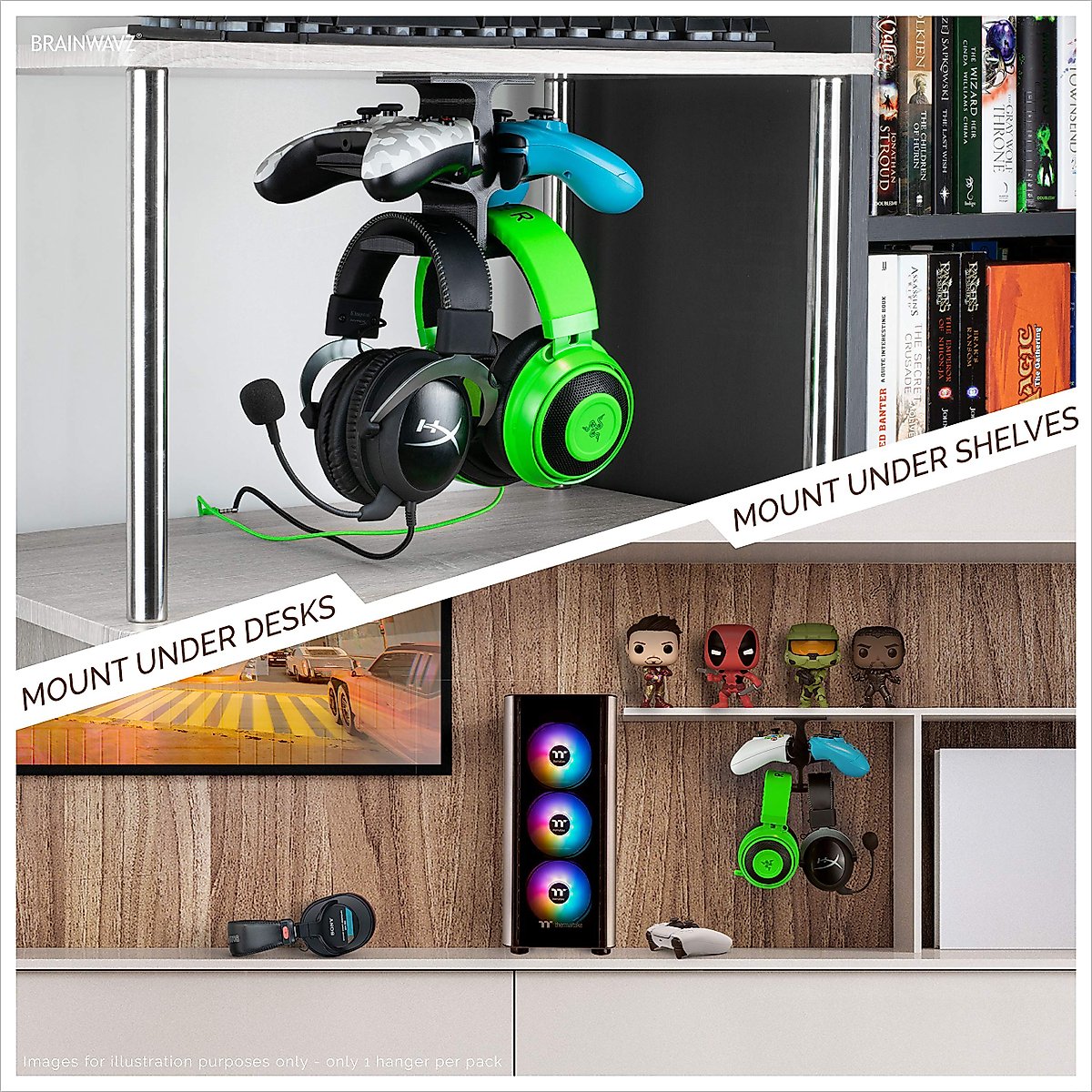 BRAINWAVZ [EOL] The Anvil - Under Desk/Shelf Dual Gamepad Controller & Dual Headphone Hanger Holder Stand - Designed for Xbox ONE PS4 PS3 PS5 Dualshock DualSense HyperX PC Steelseries Razer [EOL]
