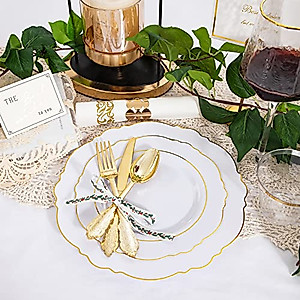 WDF 50Guest Gold Plastic Plates - Disposable White and Gold Plastic Plates include 100Plates, 150Gold Plastic Silverware, 50Cups, 50Napkins Plates for Wedding&Parties