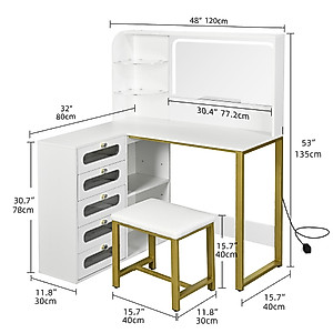 DWVO Corner Makeup Vanity Desk with Lights and Mirror, 48" L Shaped White Vanity Set with Stool, 5 Acrylic Visualized Drawer, Adjustable 3 Lighting Mode, Bedroom Large Dressing Table for Women