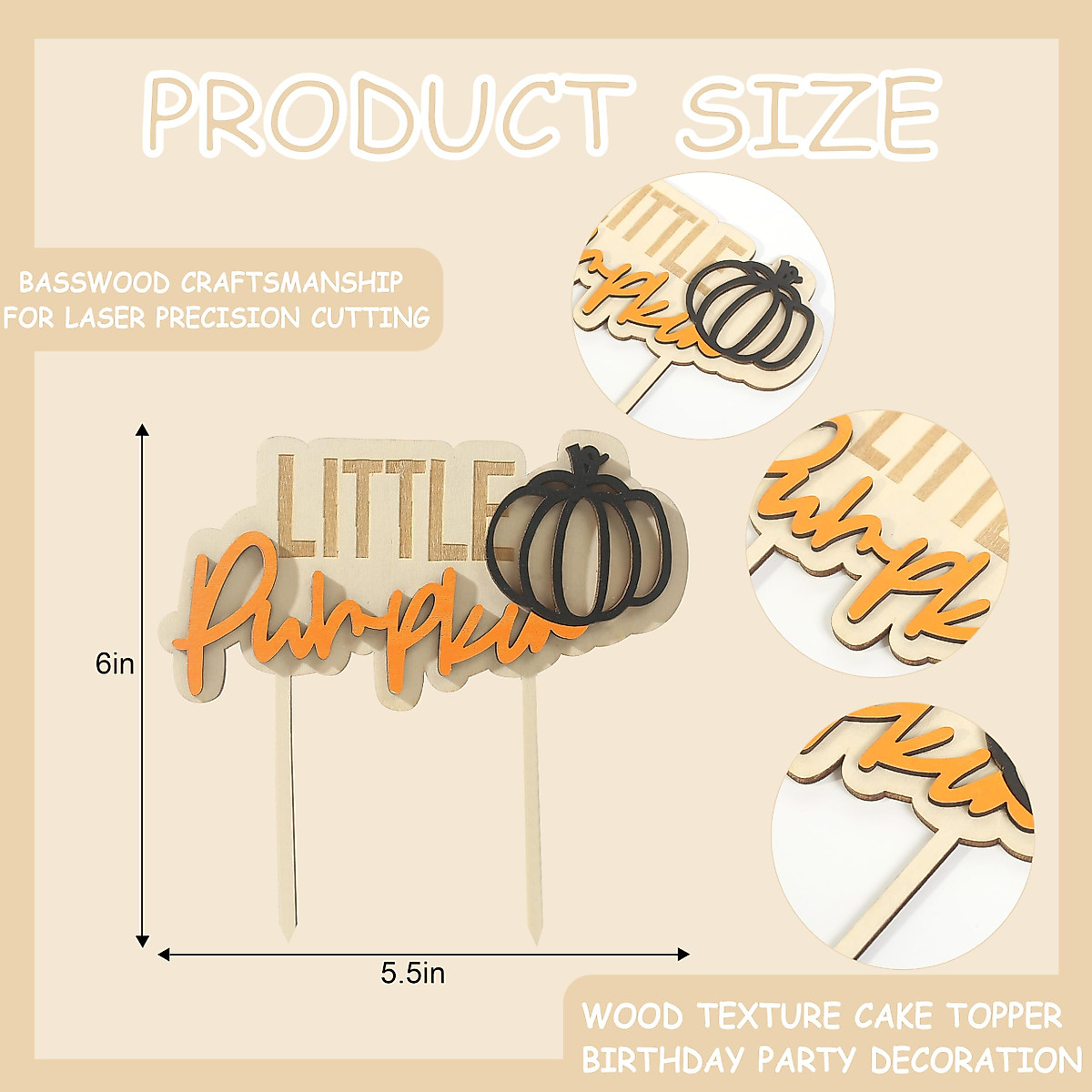BOOMPA Little Pumpkin Wooden Cake Topper for Halloween - Wooden Cake Topper for Pumpkin Theme Party - Eco-Friendly Wooden Pumpkin Cake Topper - Fall Harvest Little Pumpkin Cake Topper