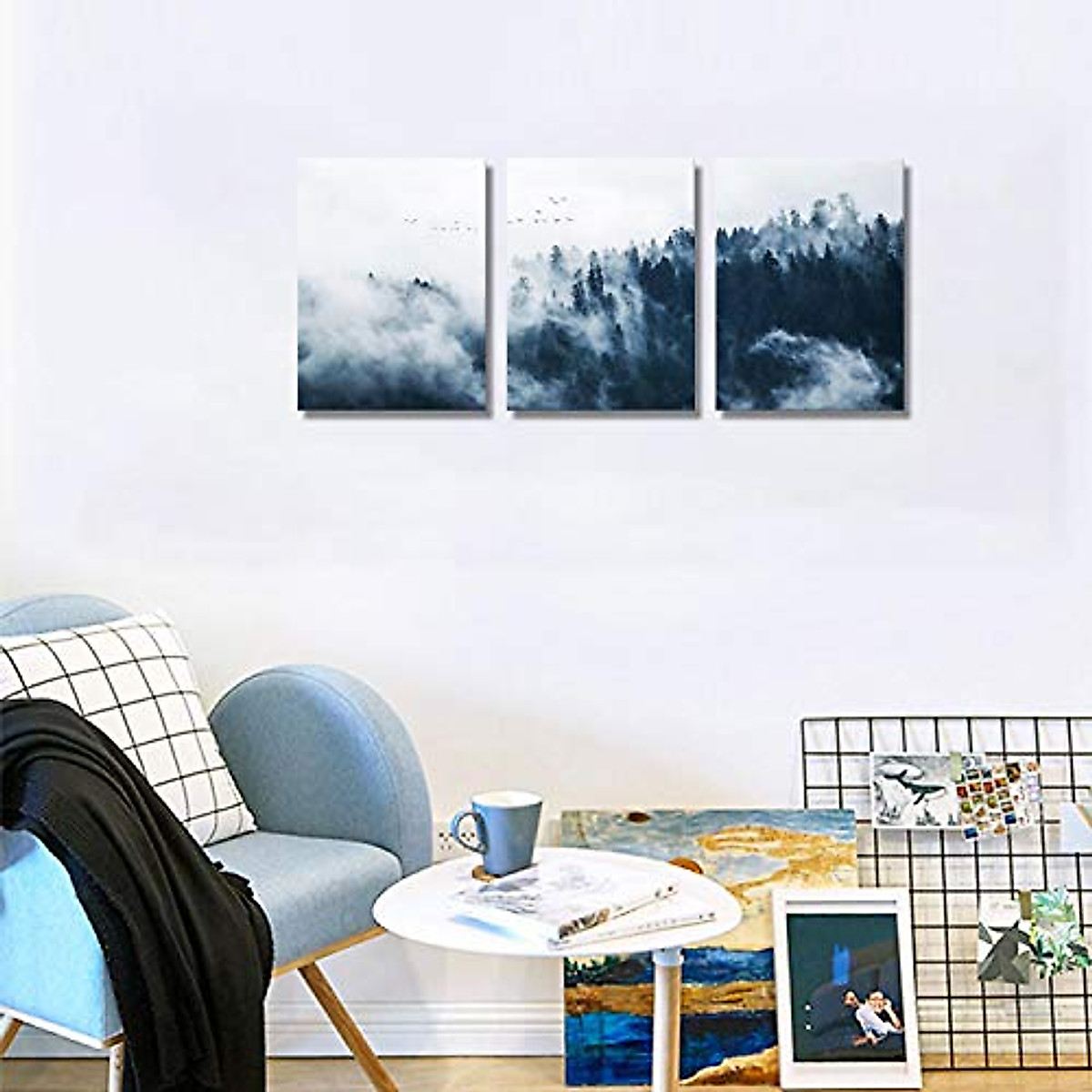 Indigo Misty Forests Wall Pictures for Bedroom Modern 3 Pieces Canvas Wall Art Mountain Forest in Fog Navy Blue Wall Decorations Minimalist Canvas Art Evergreen Coniferous Trees Gallery Wrapped