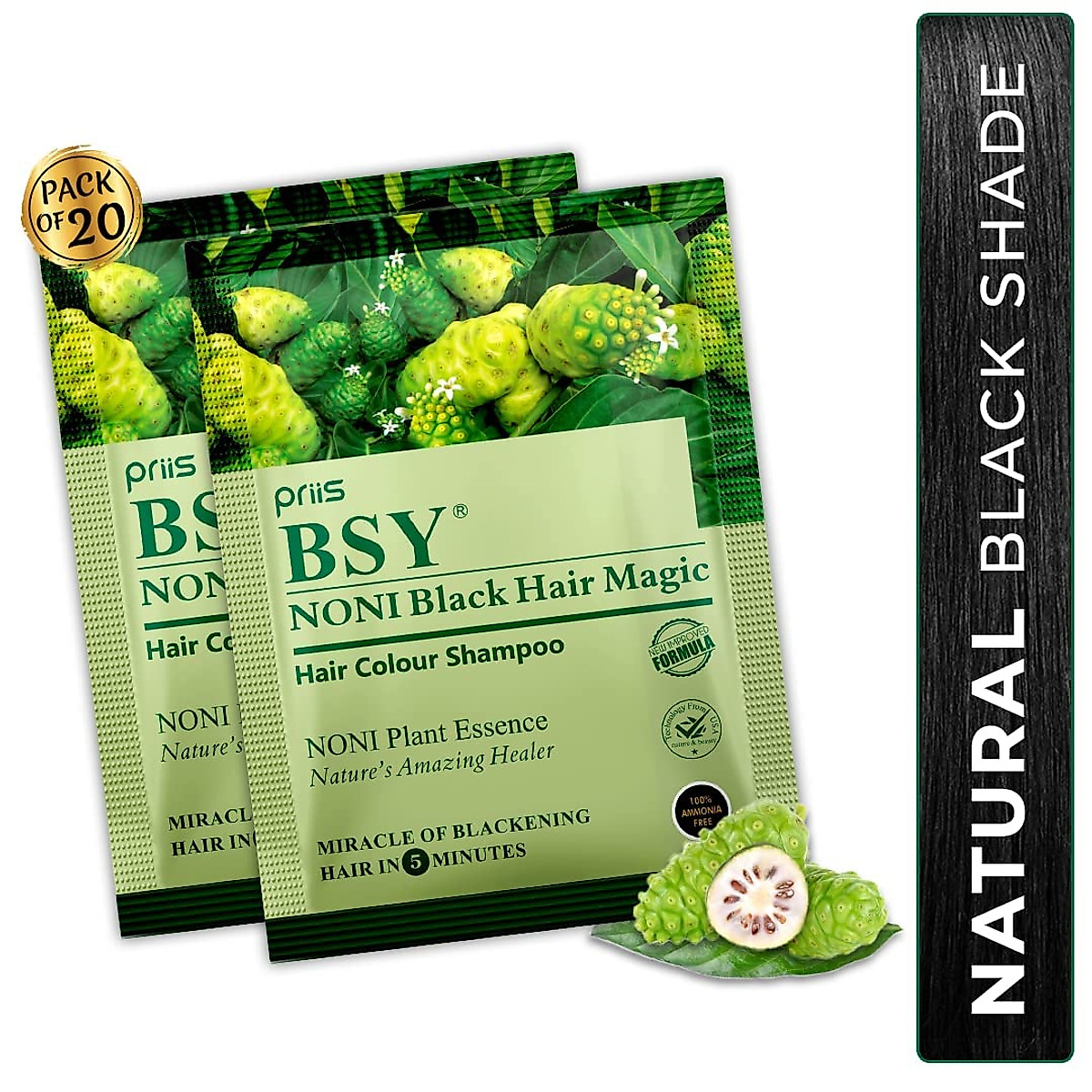 SAVE! 20x 20g. BSY NONI BLACK HAIR COLOR Organic Natural Hair Dye (Black) Covers Grey Hairs (No PPD para-phenylenediamine) by BSY