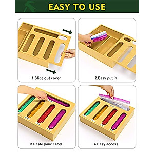 VenDotbi Bamboo Ziplock Bag Organizer for Drawer, Storage Bag Organizer, Plastic Bag Organizer 5 Slot Baggie Organizer for Kitchen Compatible with Gallon, Quart, Sandwich & Snack Variety Bags-Natural