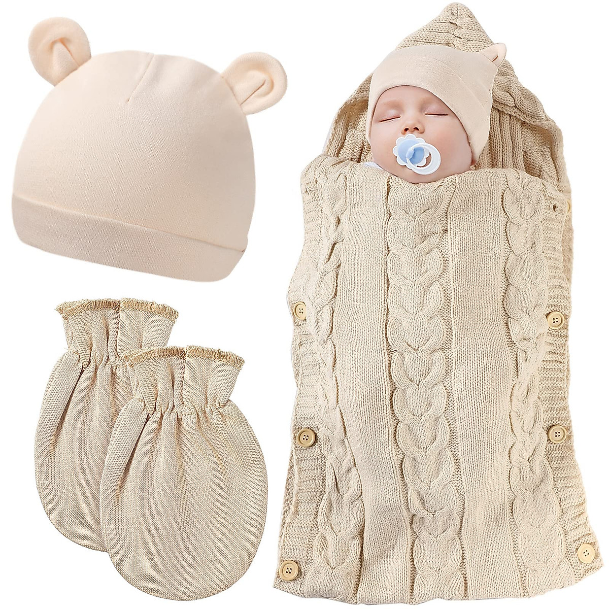 Newborn Baby Wrap Blanket Knit Sleeping Bag Receiving Blankets Stroller Wrap Newborn Baby Hat Bear Ears Infant Caps and Baby Mittens Gloves Gift for Christmas for 9-12 Months Boys Girls(Light Gray)