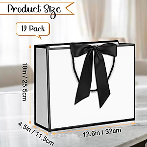 12 pcs White Gift Bags with Handles 12.5x4.5x10 Inches Large Paper Bags with Bow Ribbon and Tissue Paper Gift Wrap Bags for Birthday Bridesmaid Party Wedding Baby Shower Valentines, White-Black