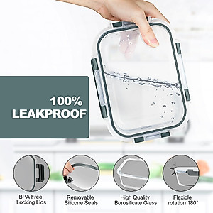 VERONES 10 Pack Glass Meal Prep Containers, Airtight Glass Lunch Containers, Stackable Glass Food Storage Containers Set with Lids,BPA-Free, for Microwave, Oven, Freezer & Dishwasher Friendly,Grey