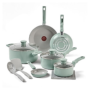 T-fal Refresh Ceramic, Ceramic Non Stick Cookware Set 12 Piece, Oven Broiler Safe 350F, Cookware, Kitchen Cooking Set w/Fry Pans, Saucepans & Kitchen Utensils, Pots and Pans Set Non Stick, Mint Green