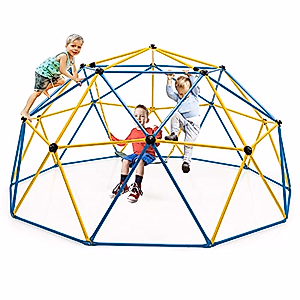 GLACER 10 FT Climbing Dome, Indoor & Outdoor Geometric Dome Climber with Swing, 800 lbs Weight Capacity, Easy Assembly Playground Jungle Gym for Kids Aged 3-10 Years Old, Blue + Yellow