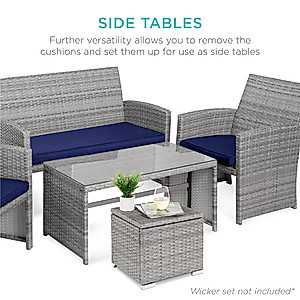 Best Choice Products Set of 2 Wicker Ottomans, Multipurpose Outdoor Furniture for Patio, Backyard, Additional Seating, Footrest, Side Table w/Storage, Removable Cushions - Gray/Navy