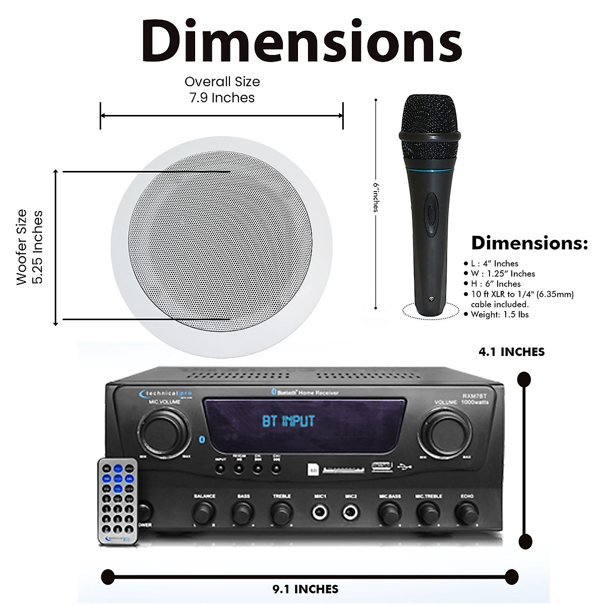 Home Theater System Kit 1000 Watts Bluetooth Receiver w/ 6 Qty 5.25" 175 Watts Each in-Wall in-Ceiling Speakers with Portable Microphone & Remote Control by Technical Pro
