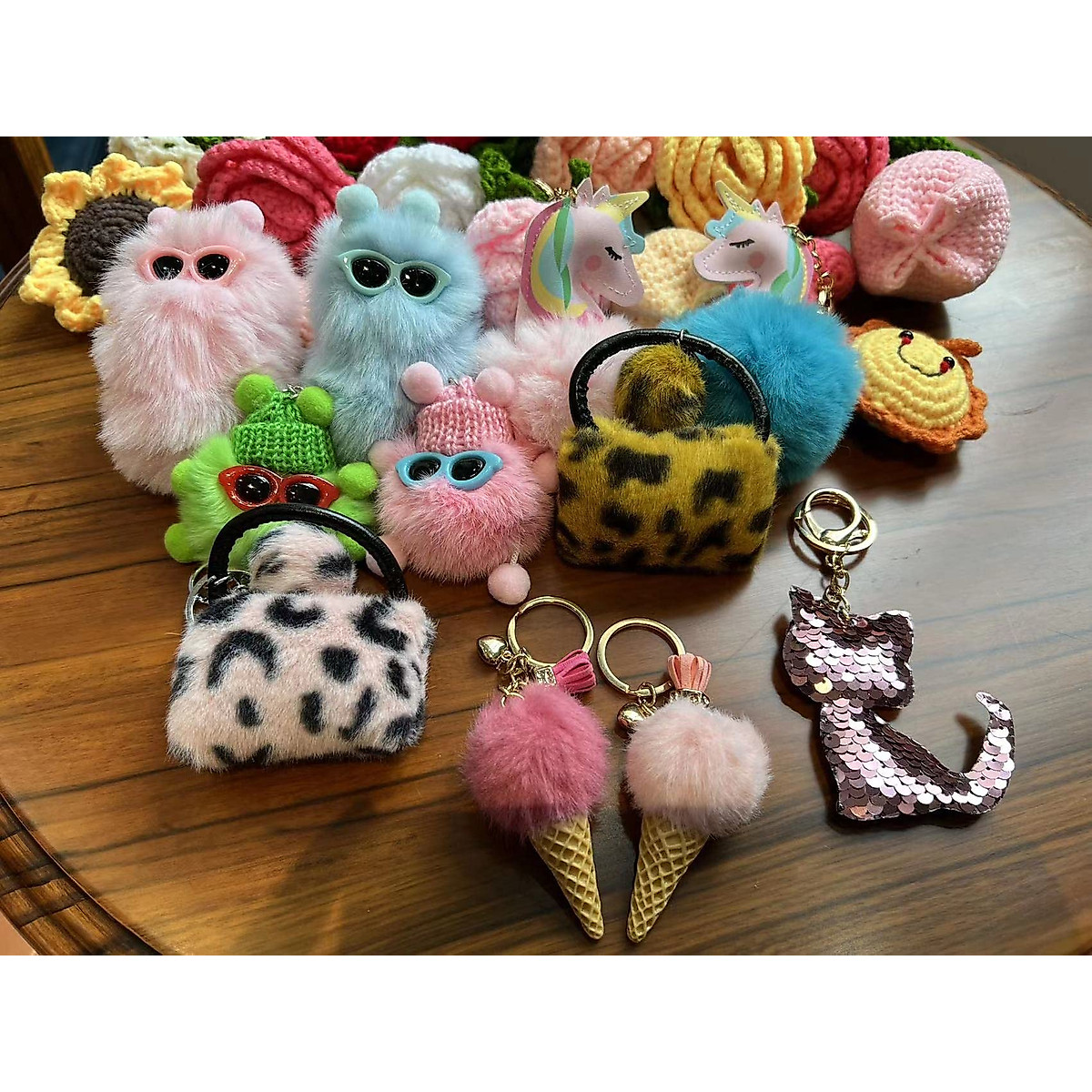 Qiiuuy 4 Pieces Cute Keychain Fluffy Faux Rabbit Fur Kawaii Keyring For Girls Womens Bag Carkeychain