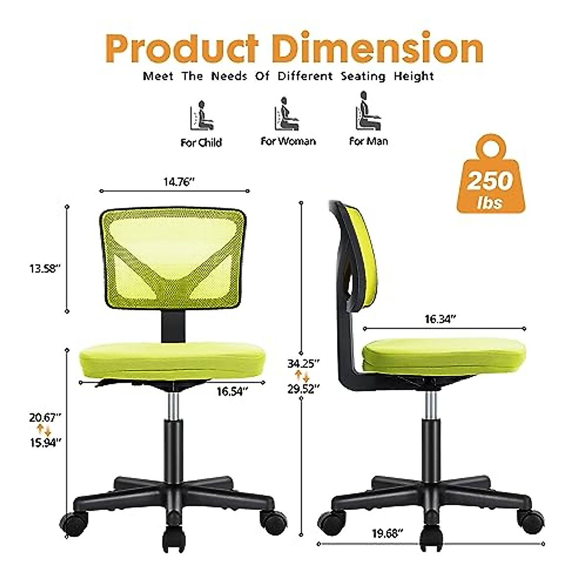 Sweetcrispy Office Computer Desk Chair, Ergonomic Low-Back Mesh Rolling Work Swivel Chairs with Wheels, Armless Comfortable Seat Lumbar Support for Home, Bedroom, Study, Student, Adults, Green