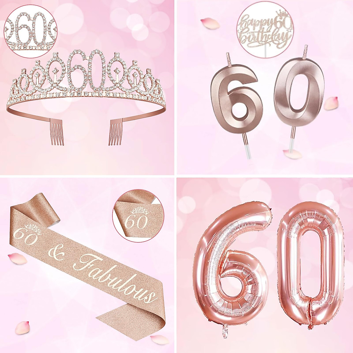 60th Birthday Decorations for Women, Include 60th Birthday Sash and Tiara, Cake Topper and Candles, Number Balloons, 60 Year Old Gifts Women