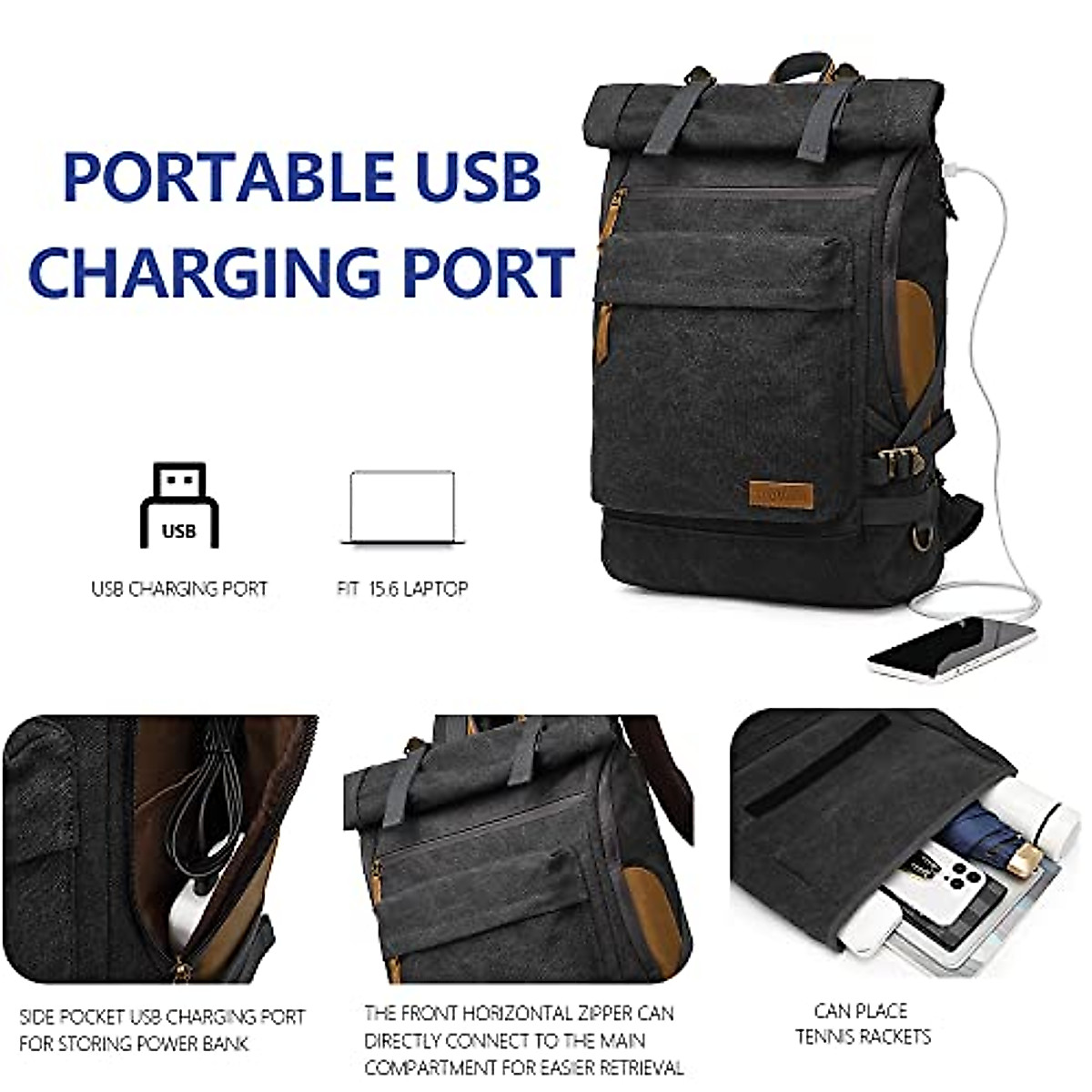 SUOVOCK travel backpack, carry on backpack, backpack for college, 14-17 inch laptop backpack, backpack with usb charging port(canvas)