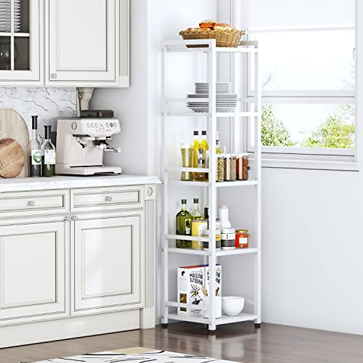 villertech 5 Tier Metal Storage Shelving Units Bathroom Standing Shelves Narrow Storage Rack Shelf for Kitchen Living Room Office Laundry Pantry White