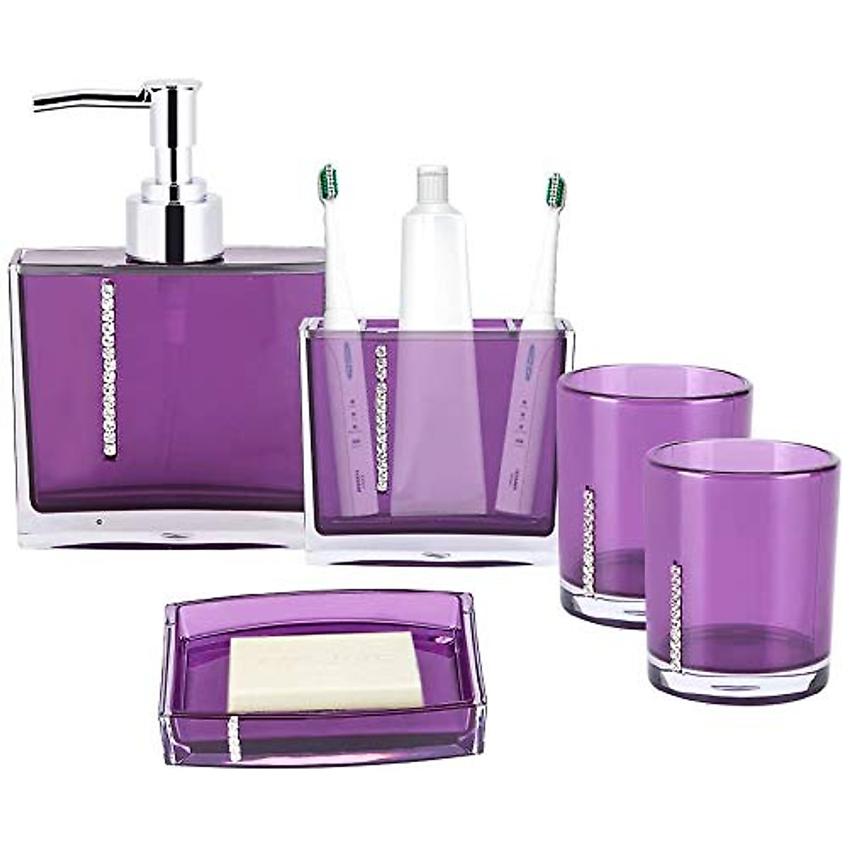 Purple Bathroom Accessories Set Purple Bathroom Accessories Bathroom Designer 5-Piece Bath Accessory Set,Acrylic Gift Set Toothbrush Holder Toothbrush Cup Soap Dispenser Soap Dish Toilet Brush Holder